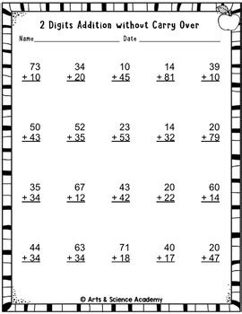 2 Digits Addition Without Regrouping Or Carry Over Worksheets Math Problems