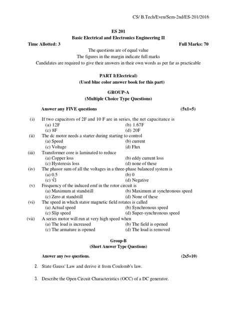Es 201 Basic Electrical And Electronics Engineering Ii Time Allotted 3