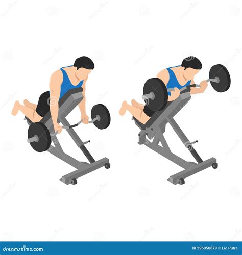 Man Doing Reverse Incline Bench Barbell Curl Exercise Stock