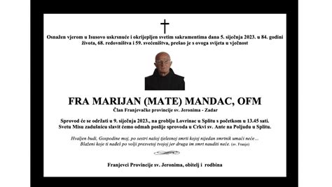 Preminuo Fra Marijan Mate Mandac Franjevačka Kustodija Sv Jeronima