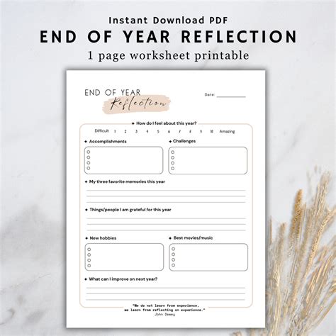 End Of Year Reflection Worksheet Printable Yearly Review Digital Download Etsy