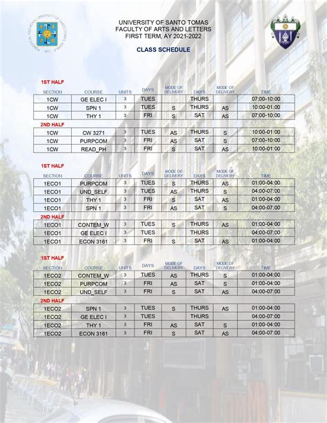 Class Schedule For First Ust Faculty Of Arts And Letters