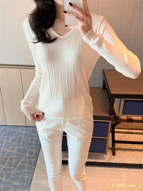 세로 골지 브이넥 니트 티셔츠 4col 기본 여성스러운 청순한 에이블리