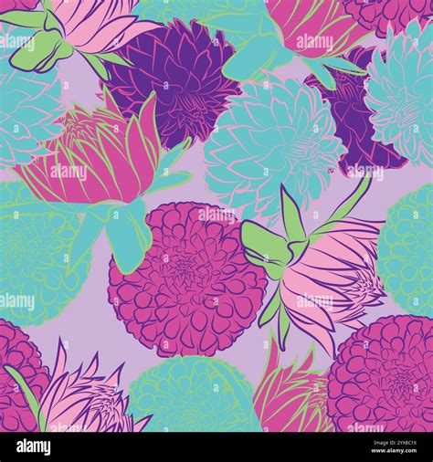 Solo Flower Stylized Dahlia Seamless Pattern Artistic Abstract Flowers Leaves Seamless Vector