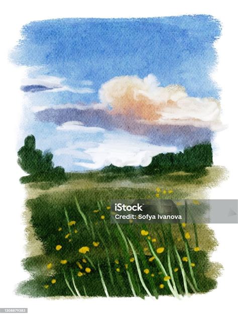 푸른 하늘 구름 민들레와 녹색 초원 수채화 여름 풍경 손으로 그린 배경 시골 그림을 그리는 그림 배너 카드 엽서에 사용할 수