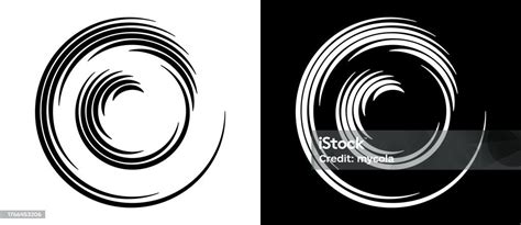 원 안에 선이 있는 추상적인 배경 아트 디자인은 로고 또는 아이콘으로 나선형입니다 흰색 바탕에 검은색 그림과 검은색 면에 똑같이 흰색 그림 곡선에 대한 스톡 벡터 아트 및