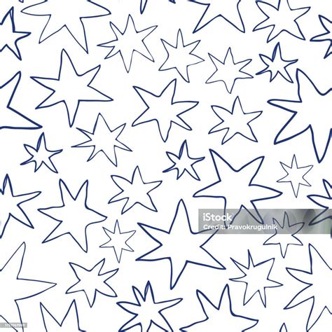 손으로 그린 낙서 별이 있는 벡터 이음매 없는 패턴은 평평한 단순한 스타일 섬유 및 의류 디자인을 위한 흰색 배경에 파란색입니다 0명에 대한 스톡 벡터 아트 및 기타 이미지