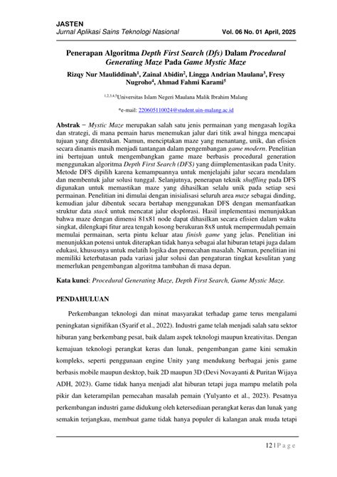 Pdf Penerapan Algoritma Depth First Search Dfs Dalam Procedural Generating Maze Pada Game