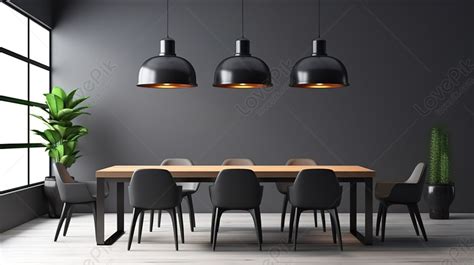 회색 테이블 세트와 펜던트 램프를 갖춘 현대적인 식당의 3d 렌더링 현대적 배경 식탁 배경 내부 배경 이미지 Hd 현대적 식탁 내부 배경 사진 무료 다운로드