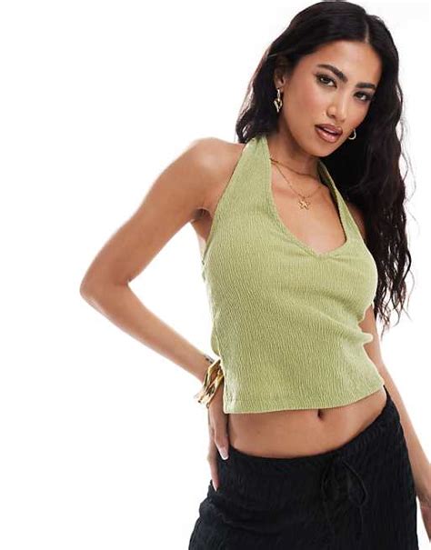 Asos Design Neckholder Oberteil In Olivgrün Mit Knitterstruktur Asos