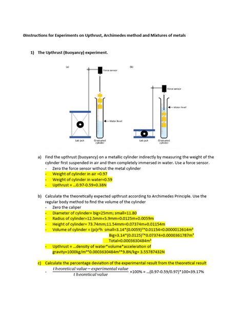 Instructions For Experiments On Archimedes Method Pdf Buoyancy Density