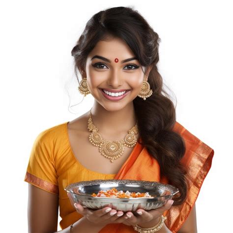 A Beautiful Indian Traditional Girl Ware Sari Hold Pooja Thali On White
