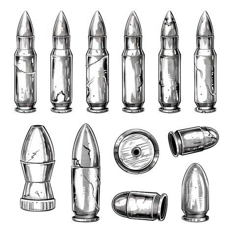 Hand Drawn Cartridge Set Ink Drawing Sketch Weapon Bullets Vector Black Isolated Live Ammunition