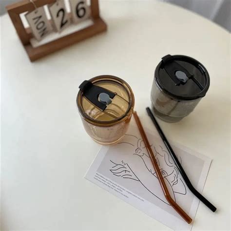 Glass Iced Coffee Cup With Lid And Straw 350 Orange Creative Femininity