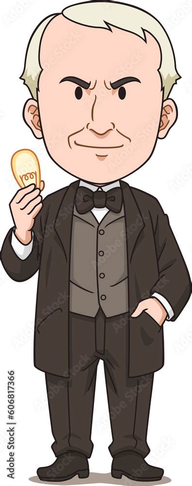 Cartoon Character Of Thomas Edison Holding A Light Bulb Stock