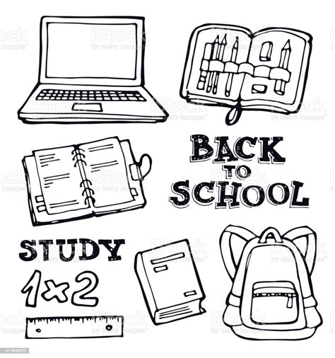 Retour À Lécole Main Doodle Dessiné Ensemble Vecteurs Libres De Droits