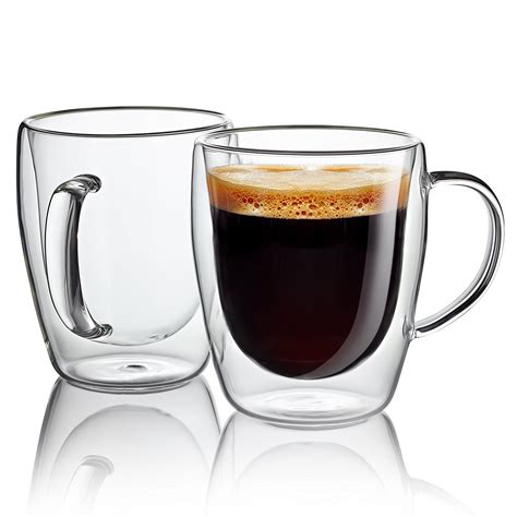 Jecobi Indulge Double Wall Glass With Handle 10oz Coffee Mugs Glass Cups Set Of 2