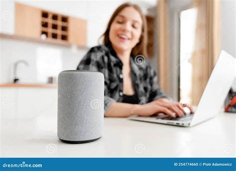 Woman Using Smart Speaker Stock Photo Image Of Asking
