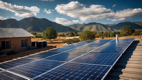 Solar Panels On Rooftop In Rural Area With Mountains Under A Bright