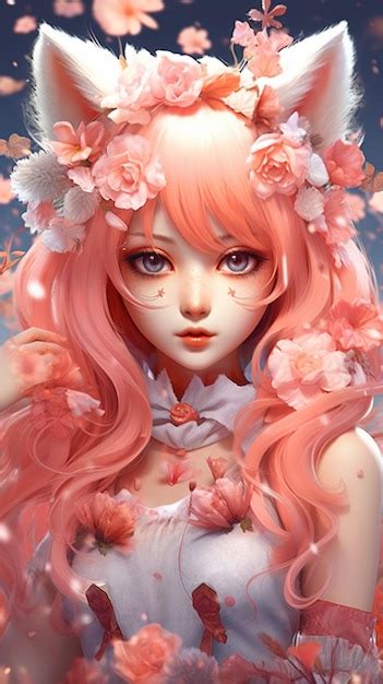 Anime Girl With Pink Hair And White Dress With Pink Flowers In Her Hair