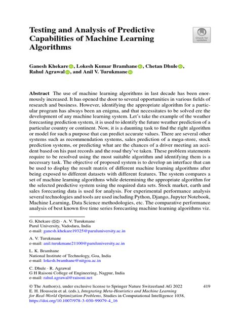 Testing And Analysis Of Predictive Ml Algorithms Pages 421 443 Pdf