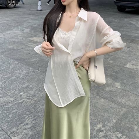 코디세트시스루 셔츠레이스 나시새틴 롱스커트 세트 2j113109e