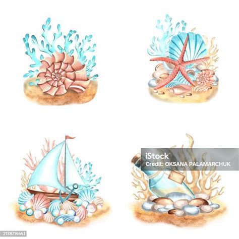 불가사리 산호 조개껍데기가 있는 범선 수중 수집 해양 조성물 세트입니다 수채화 손으로 그린 삽화가 분리되어 있습니다 지중해 테마 클립아트 인쇄 스티커 카드 관광 리조트에