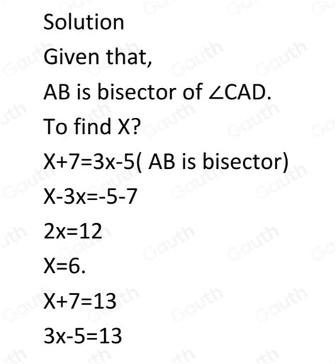 Solved Instructions Given That Line Ab Is The Angle Bisector Of ∠ Cad Set Up The Equation