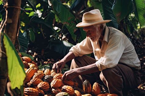 Organic Cocoa Bean Farming An Old Farmer Tending And Harvesting Cocoa
