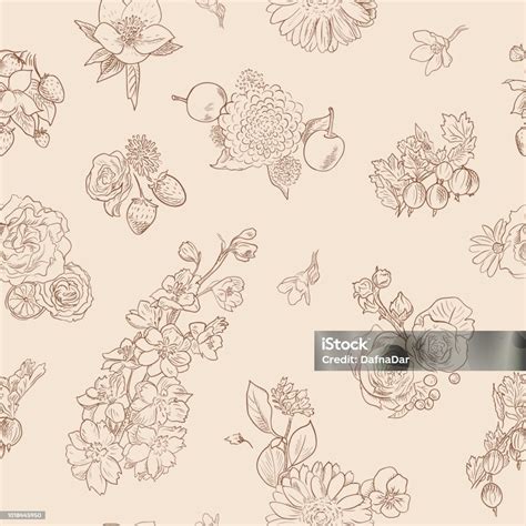 野生の花果実のシームレスなパターン手描きベクトル図ビンテージ スタイルの背景 Gooseberriesイチゴ イラストレーションのベクター