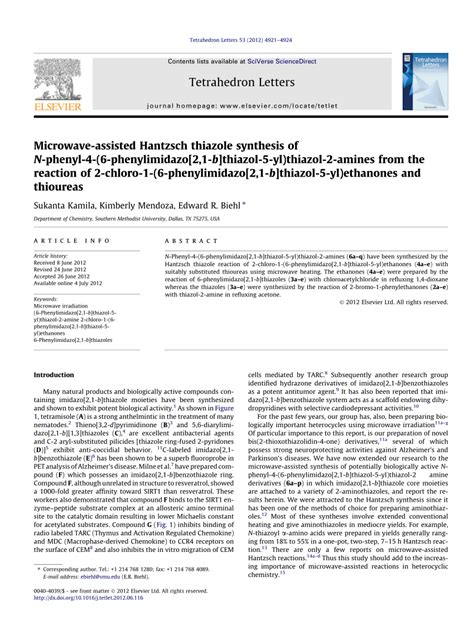 Pdf Cheminform Abstract Microwave Assisted Hantzsch Thiazole Synthesis Of N Phenyl 4 6