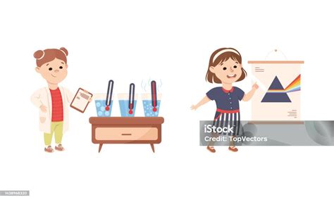 빛 굴절과 온도계 벡터 세트로 물리학 과학 실험을 하는 어린 소녀 과학에 대한 스톡 벡터 아트 및 기타 이미지 과학 초등학교 나이 과학 실험 Istock