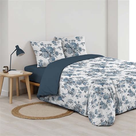Housse De Couette Et Deux Taies Gaze De Coton 240 Cm Roselia Bleue Linge De Lit Eminza