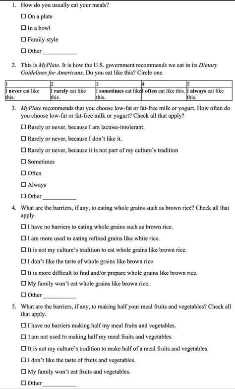 Condensed Sample Of Myplate Related Quantitative Survey Questions