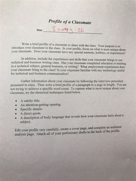 Solved Profile Of A Classmate An Due Write A Brief Profile