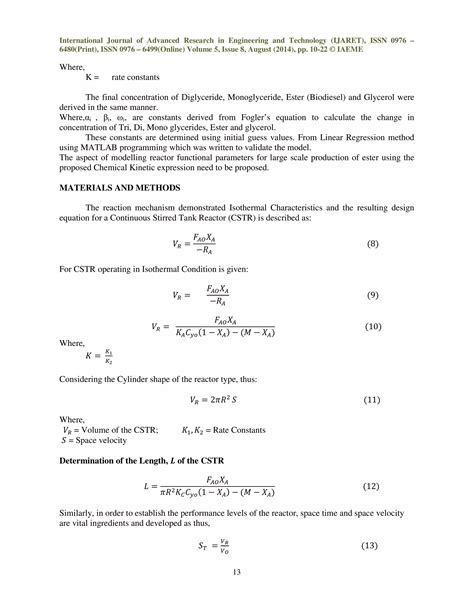 Simulation Of A Cstr Model For Thevetia Peruviana Oil Transesterification In The Pdf