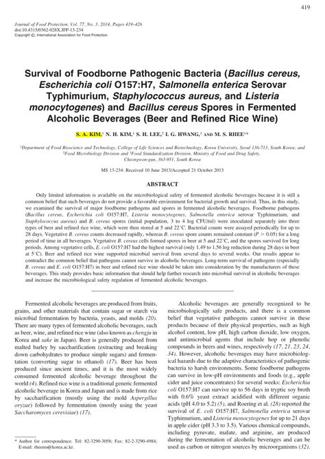 Pdf Survival Of Foodborne Pathogenic Bacteria Bacillus Cereus Escherichia Coli O157 H7