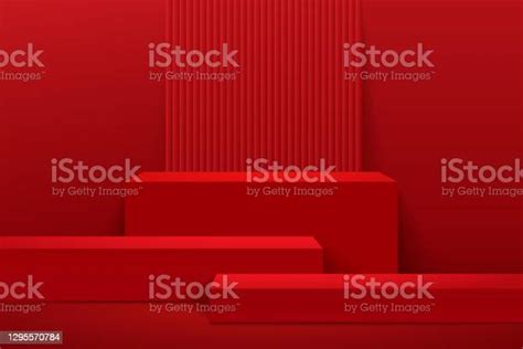 현대 웹 사이트에 제품에 대한 추상 큐브 디스플레이 포디움과 최소한의 빨간색 텍스처 벽 장면 3d 렌더링 기하학적 모양 디자인의