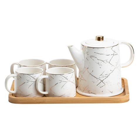 Чайний сервіз на 4 персони 6 предметів з бамбуковою підставкою чайний