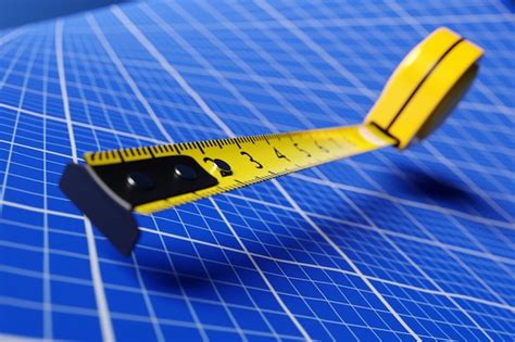 Ilustração d de uma fita métrica amarela em um fundo de papel milimetrado azul ferramenta de