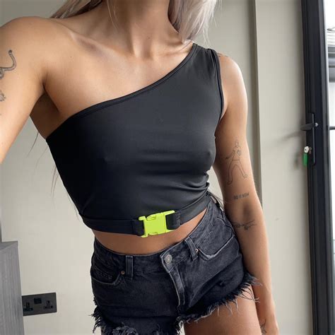Black One Shoulder Crop Top With Neon Green Depop