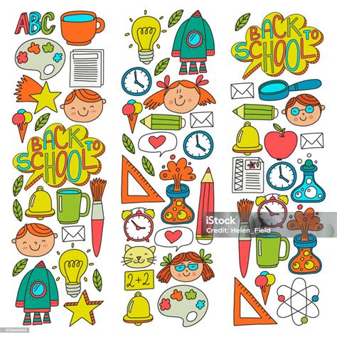 向量模式與學校圖示與小學生孩子們學習化學創造力數學物理代數幾何學生物學地理天文學向量圖形及更多數學圖片 數學 人的背部 代數 Istock