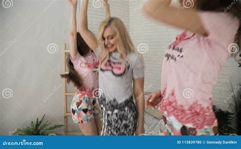 3 Teenage Girls Partying Indoor Having A Party In Home Dancing Having