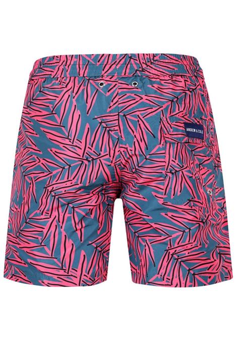 2024 Andrew And Cole Mens Designer Blue Pink Palm Leaf Swim Trunks