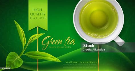 녹차와 녹색 배경에 잎의 얼굴로 3d 일러스트 벡터 포장에 대 한 템플릿입니다 요소 디자인에 대 한 배너 광고의 제품 프로 모션