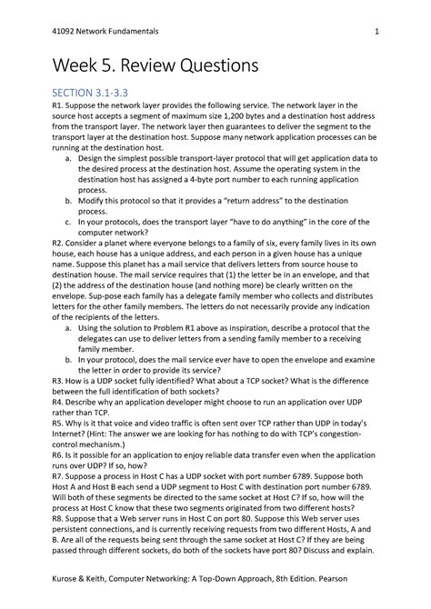 Week 5 Practice Questions 41092 Network Fundamentals Kurose Keith