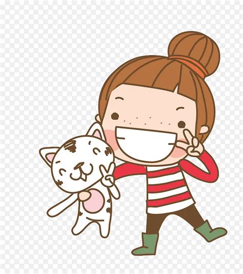 和猫咪一起拍照的卡通女孩png图片素材下载 图片编号9688679 Png素材网