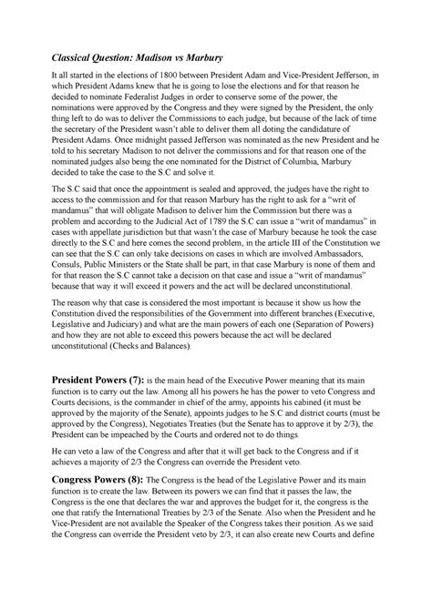 Midterm Introduction To Us Law Classical Question Madison Vs Marbury It All Started In The