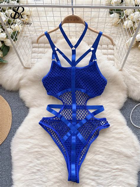 Singreiny Fashion Sheer Mesh Sheath Playsuit 2024 Lingerie Halter
