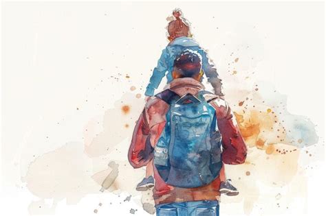 Premium Photo A Dad With A Backpack Holds His Daughter On His Shoulders
